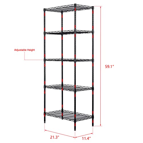 Karl home 5-Tier Wire Unit Shelves, Adjustable Height Metal Storage Shelves for Kitchen/Bathroom/Garage Closet Organization, Stainless & Sturdy Frame,440lbs Capacity, 21”L x 11”W x 59”H.