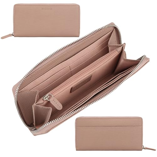 BOTANNER Genuine Leather Womens Zip Around Wallet RFID Blocking 8 Credit Card Slots 2 Bill Sections Zip Section for Coins 2 Slip pockets | Gift for Her (Pink)