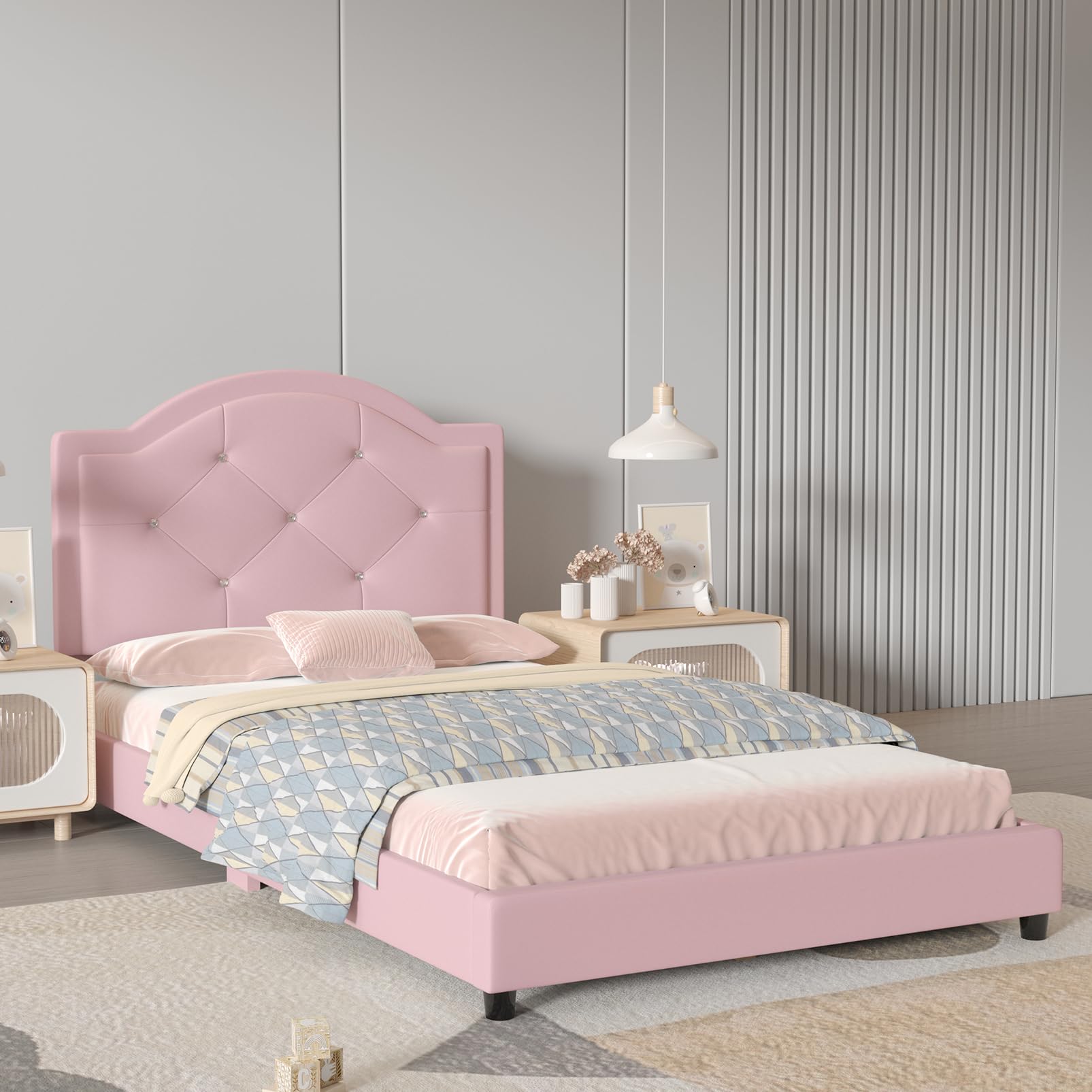 Leather Kids Twin Bed , Crystal Button Adjustable Height Headboard Children's Bed, Wooden Slat Base Toddler Bed ,Upholstered Twin Bed for Kid, Fits Standard Twin Mattress(75"Wx39"D) (Pink)