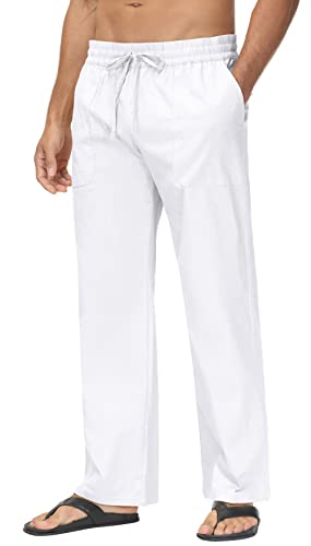 Boisouey Mens Linen Loose Pant Lightweight Elastic Waist Trouser Yoga Beach Pant White L