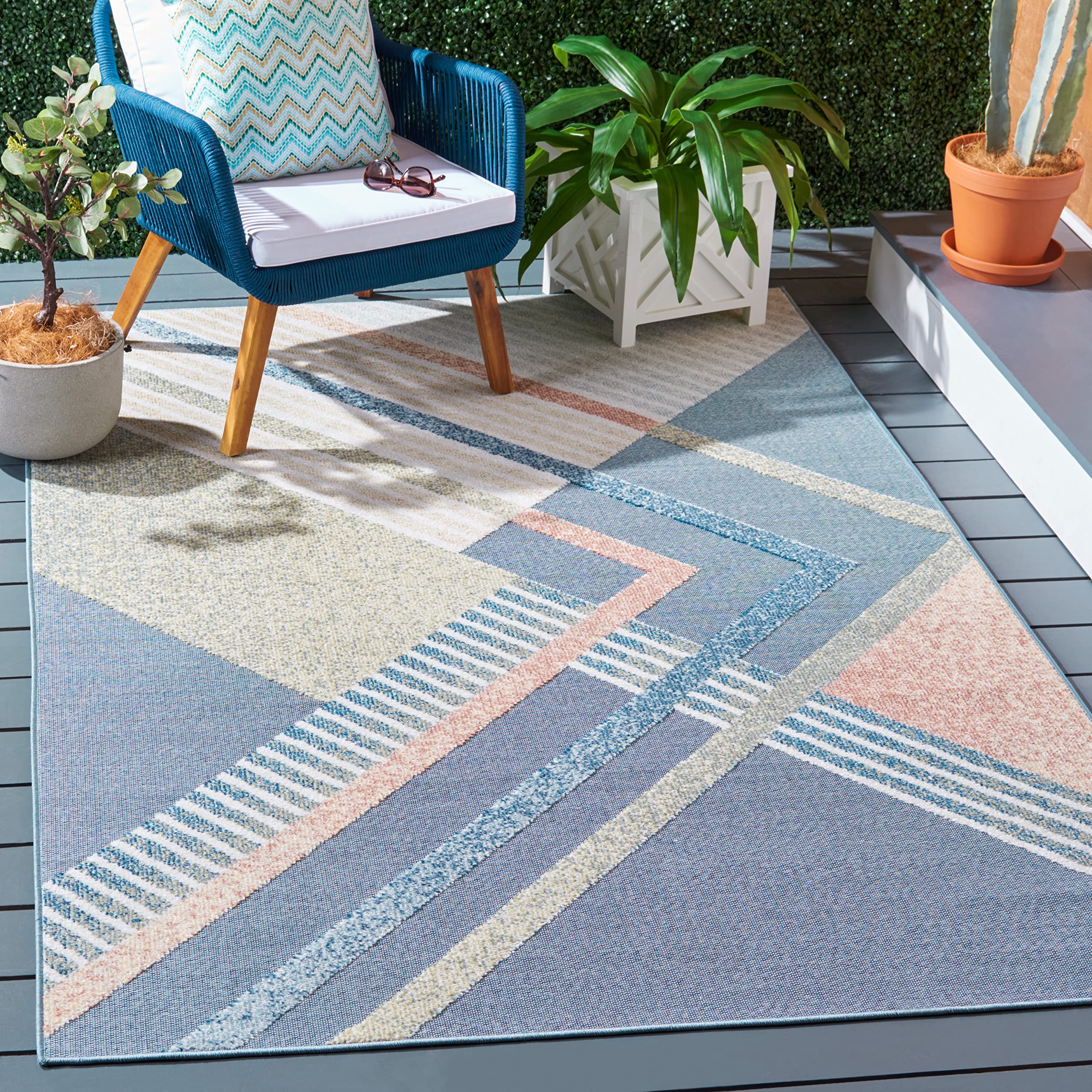 SAFAVIEH Sarasota Collection Accent Rug - 4'5" x 6'5", Blue & Light Green, Mid-Century Modern Design, Non-Shedding & Easy Care, Indoor/Outdoor & Washable-Ideal for Patio, Backyard, Mudroom (SAR102J)
