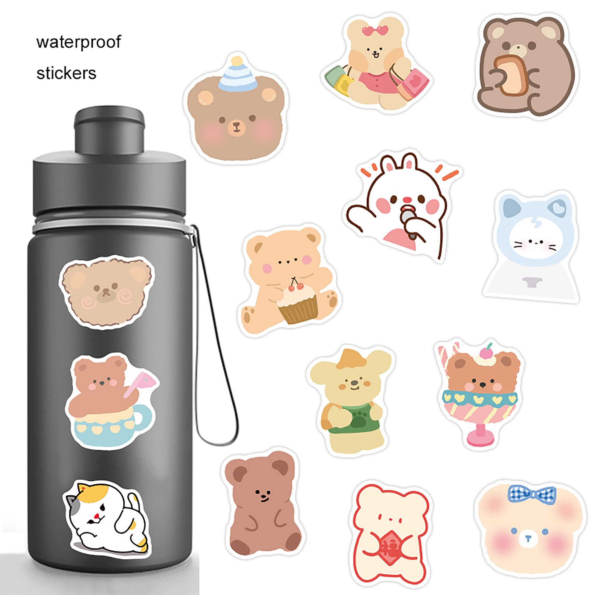 60 Pcs Cute Cartoon Bear Stickers Kawaii Waterproof Decal Decorative Aesthetic Phone Laptop Cups Scrapbook Decor