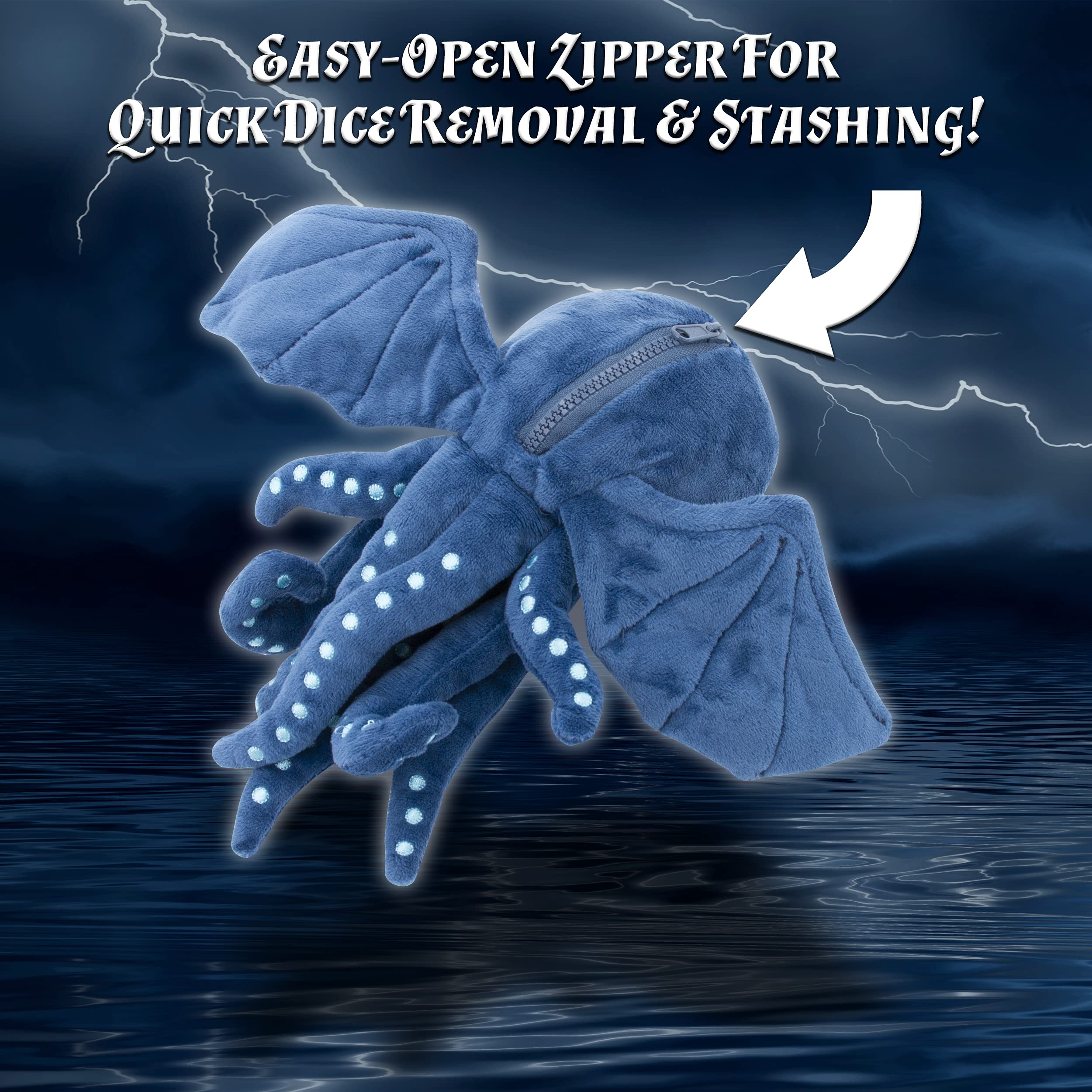 CASEMATIX Soft Dice Case and Dice Holder with 7 Included RPG Dice - 9.5" Sea Monster Figure with Dice Storage Zipper Compartment for up to 21 Dice, Protective Novelty Dice Container for Tabletop Dice