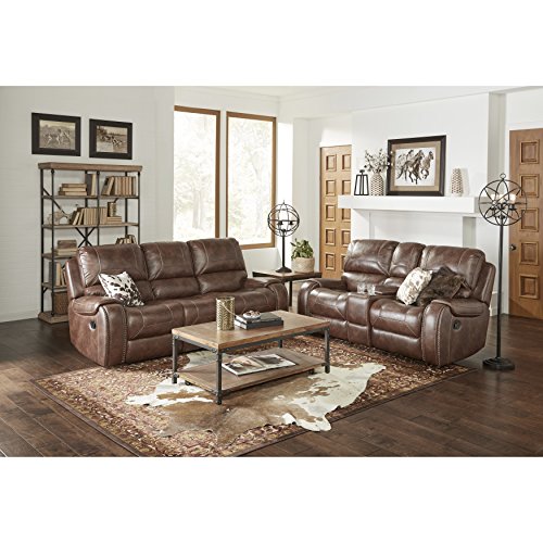 Roundhill Furniture Achern Brown Leather-Air Nailhead Manual Reclining Sofa and Loveseat with Storage Console and USB Port