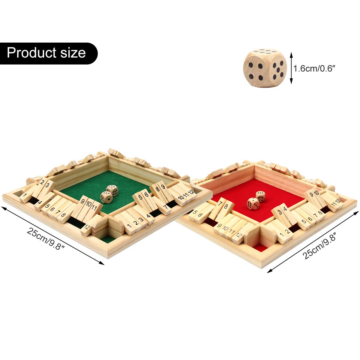 bouti1583 Shut The Box Dice Game,Classic 4 Sided Wooden Board Game Flip 12 Number Classic Tabletop Games for 2-4 Player Green(Big Size)