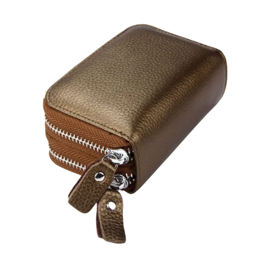 Business Card Holder Leather Credit Card Holder for Women RFID Blocking Wallet Zipper Card Case ID Organizer with 9 Card Slots Bronze Gift for Women