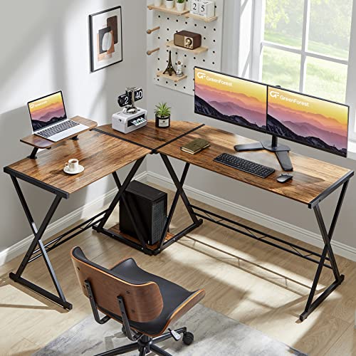 GreenForest L Shaped Desk 58β Reversible Corner Computer Desk with Movable Shelf and CPU Stand, Gaming Desk with Sturdy X Leg Space Saving Home Office Workstation Table, Walnut