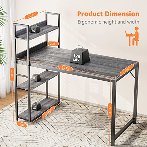 Desk Computer Desk with Shelves, Home Office Desks Table 55 Inch PC Desk Bedroom Desk Work Desk Study Desk Wood Desk with Storage Removable Middle Shelf for Dorm, Student, Gaming