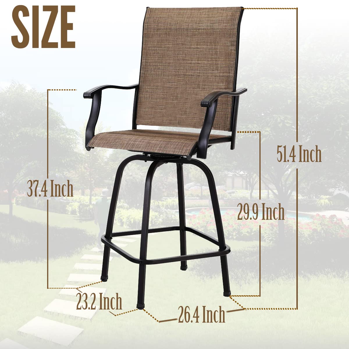 Mingyall Outdoor Swivel Bar Stools Set 2, High Top Patio Chairs Patio Bar Stools Textilene for Bistro Lawn, Garden, Backyard All Weather Outside bar stools,Tall Patio Chairs (2, Brown)