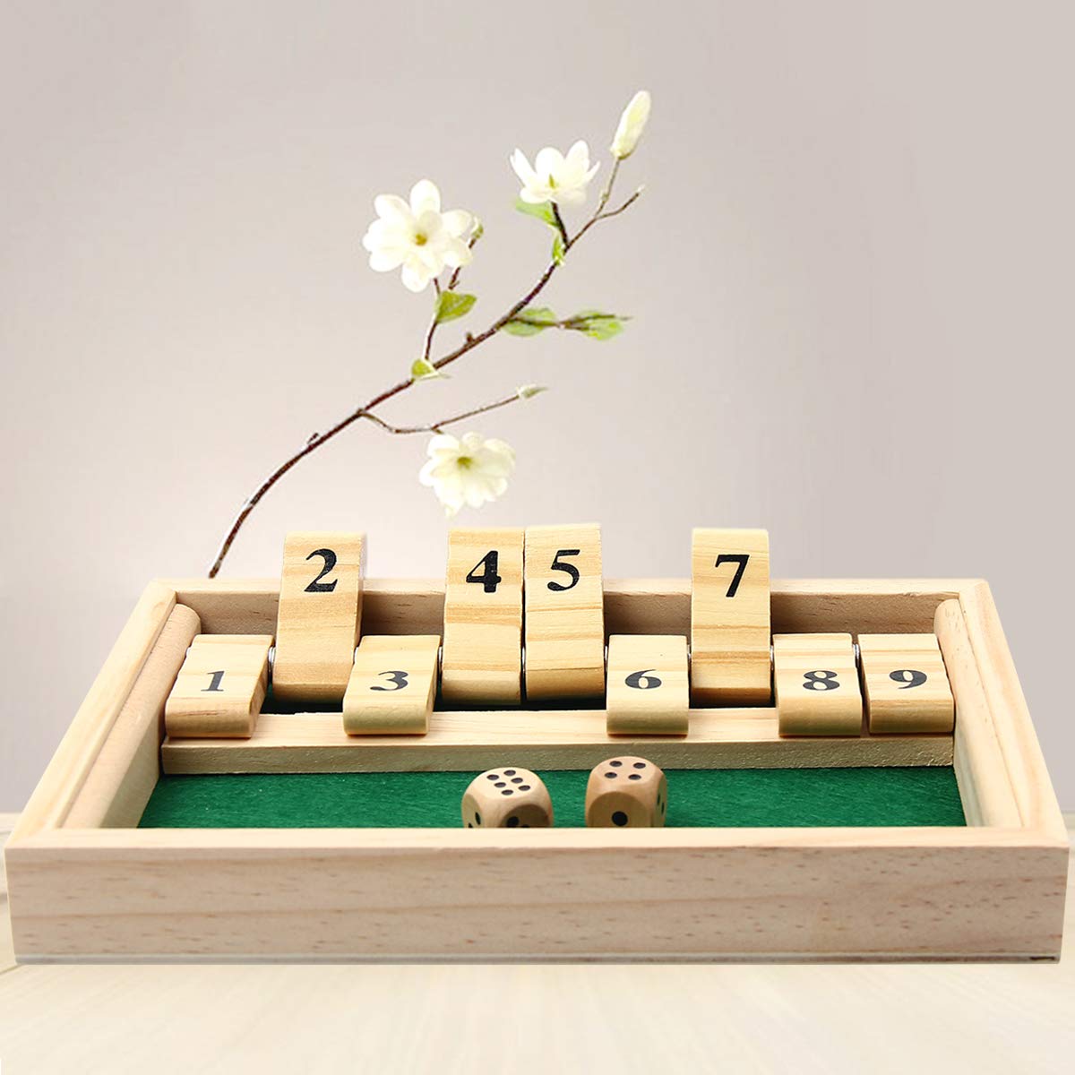 bouti1583 Shut The Box Game, Double-Sided Classic 9 Number Wooden Set with Dice Green- Adults and Children