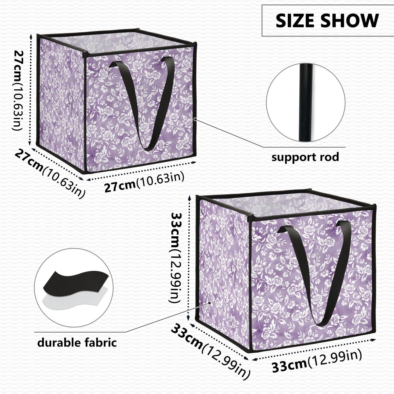 XIOMARA Foldable Storage Bins,Purple Pattern White Flowers Storage Baskets Cubes with Handles for Closet Nursery Office Grey and Black Trim (10.63x10.63x10.63in)