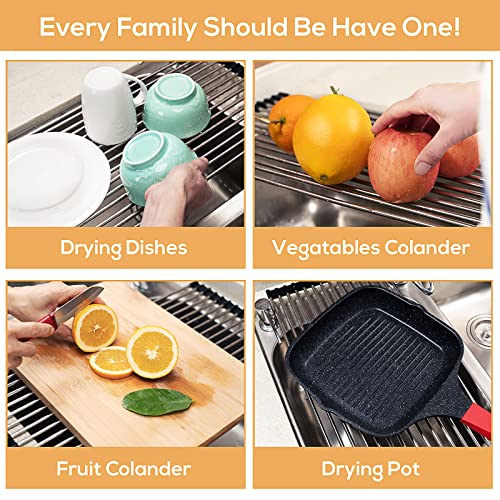 Atposh Roll up Dish Drying Rack 21β*11.5β Over The Sink Dish Drainer for Kitchen Counter Portable Versatile Foldable Dish Drying Rack Mat Silicone Wrapped SUS304 Stainless Steel Dish Drying Rack