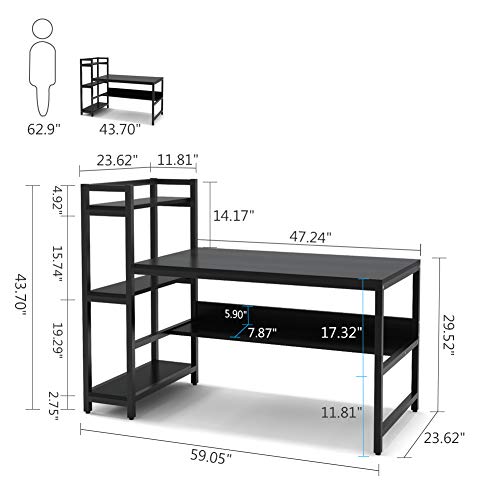Tribesigns Computer Desk with 4-Tier Storage Shelves, 60 inch Modern Large Office Desk Computer Table Studying Writing Desk Workstation with Bookshelf and Tower Shelf for Home Office (Black)