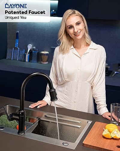 Antique Oil Rubbed Bronze Kitchen Sink Faucet with Soap Dispenser, DAYONE Pull Down Farmhouse Faucet for Sink with 3 Mode Sprayer, Single Handle High Arc, DAY-APS136-ORB