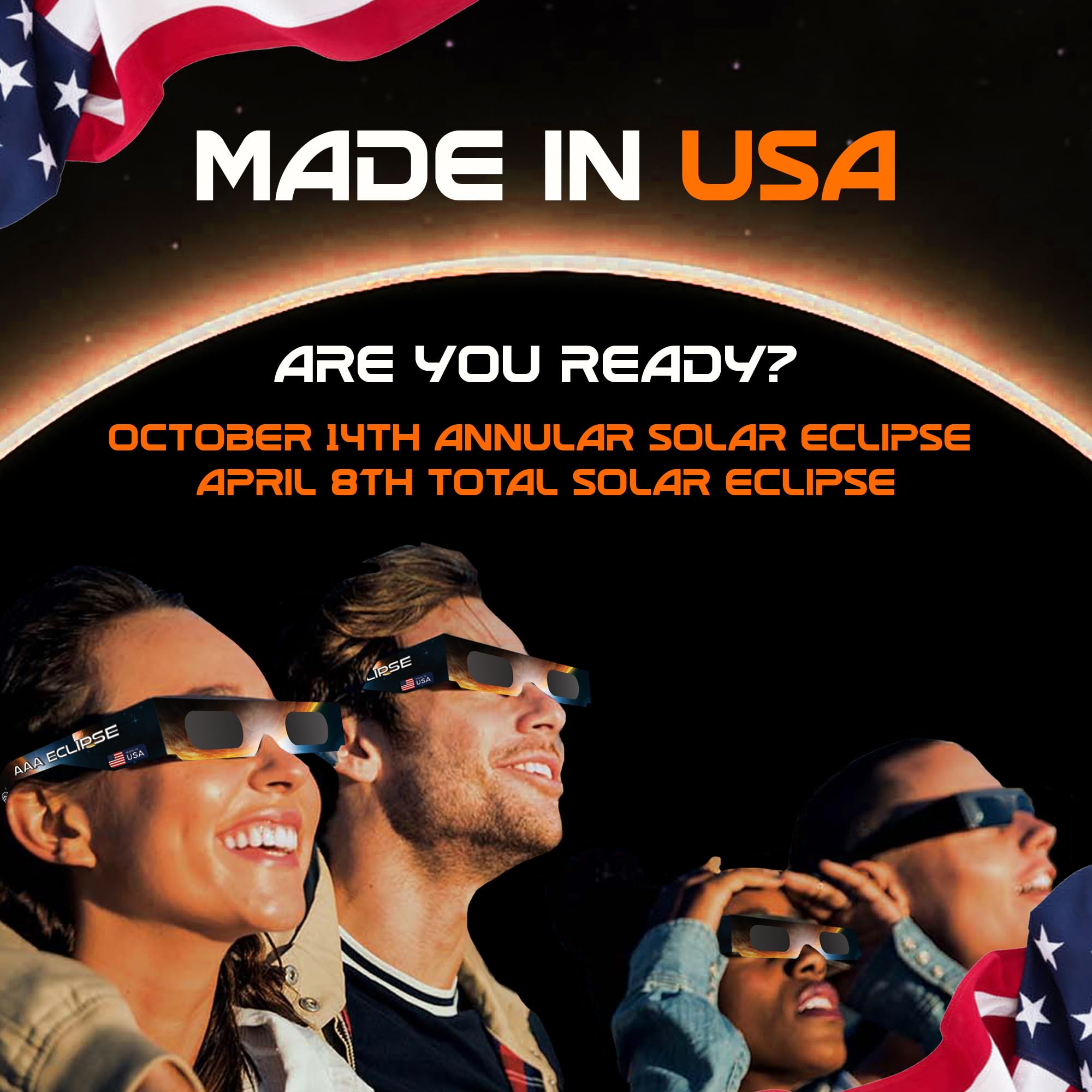 AAA Eclipse (6 PACK Solar Eclipse Glasses AAS Approved 2024 - Made in USA - ISO Certified 12312-2 & CE Certfied Direct Solar Eclipse Viewing Glasses