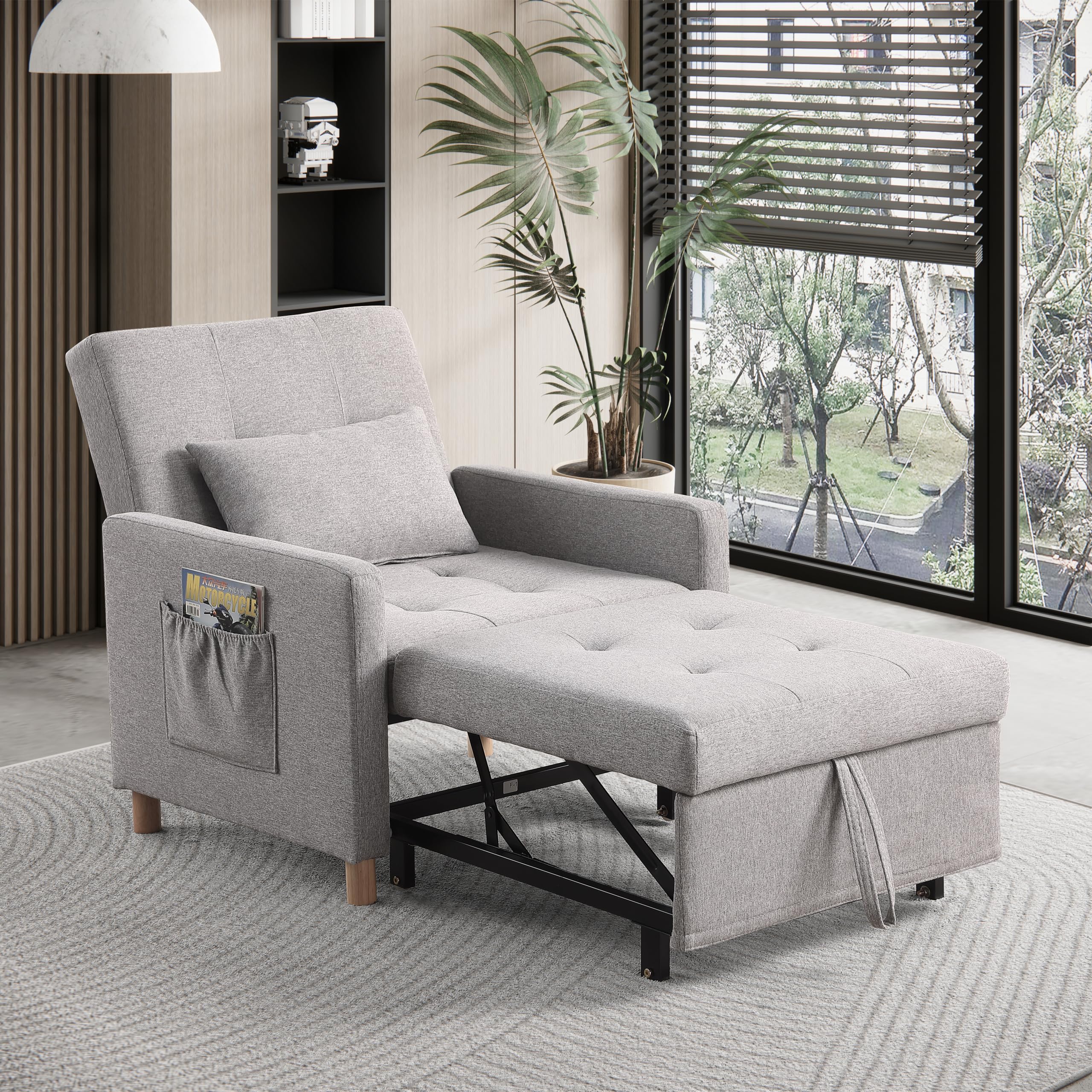 Keainvren Sleeper Chair Bed Convertible Chair Bed Sleeper Pull Out Sofa Bed with Adjustable Backrest Linen Fabric Convertible Chair to Bed with Side Pocket for Bedroom,Living Room, Apartment