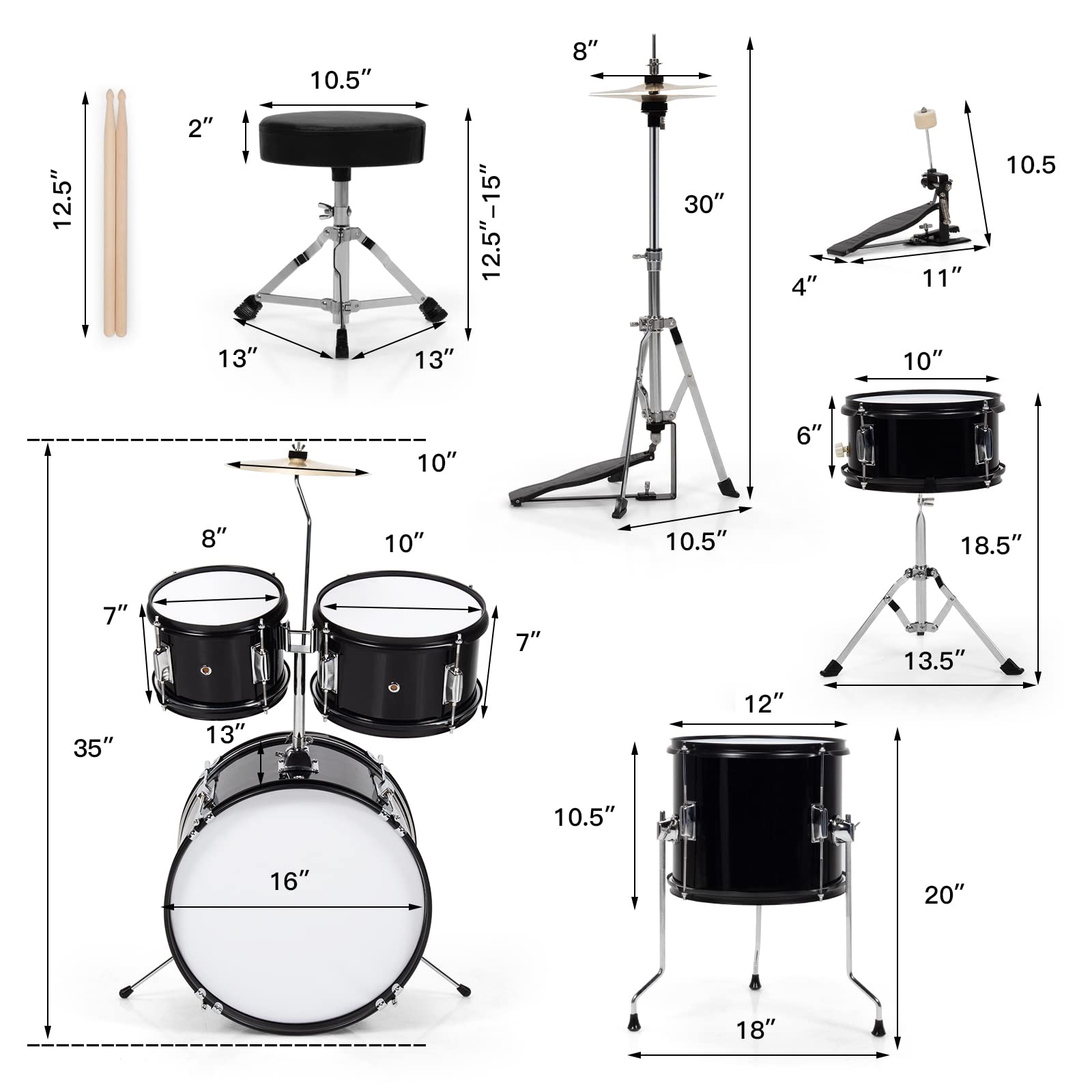 Costzon 16β Kids Drum Set, 5-Piece Full Size Complete Junior Drum Set with Adjustable Throne, Cymbal, Hi-Hat, Pedal & Drumsticks, Beginner Drum Kit with Bass Snare Tom Drum, Age 3-12, Black
