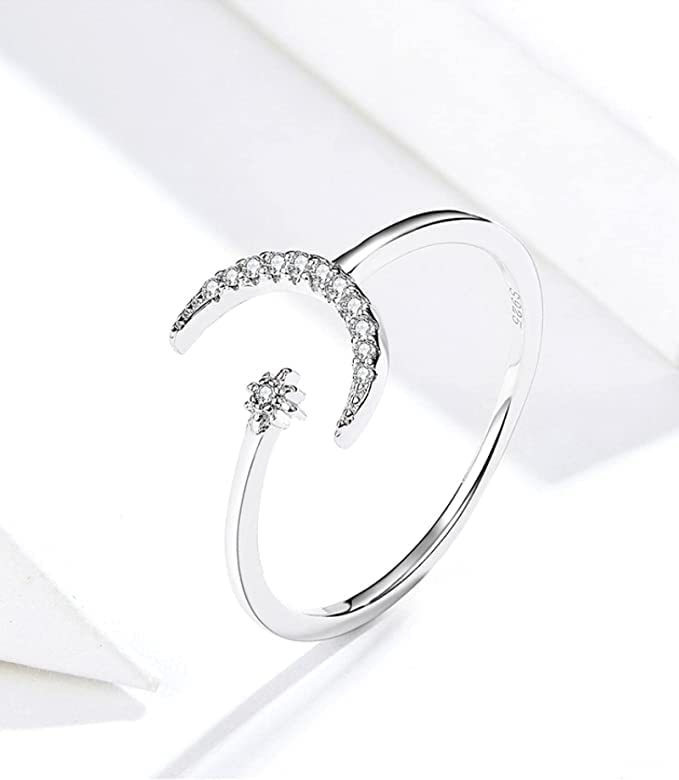 925 Sterling Silver, Moon Ring, Women'S Zircon Adjustable Ring