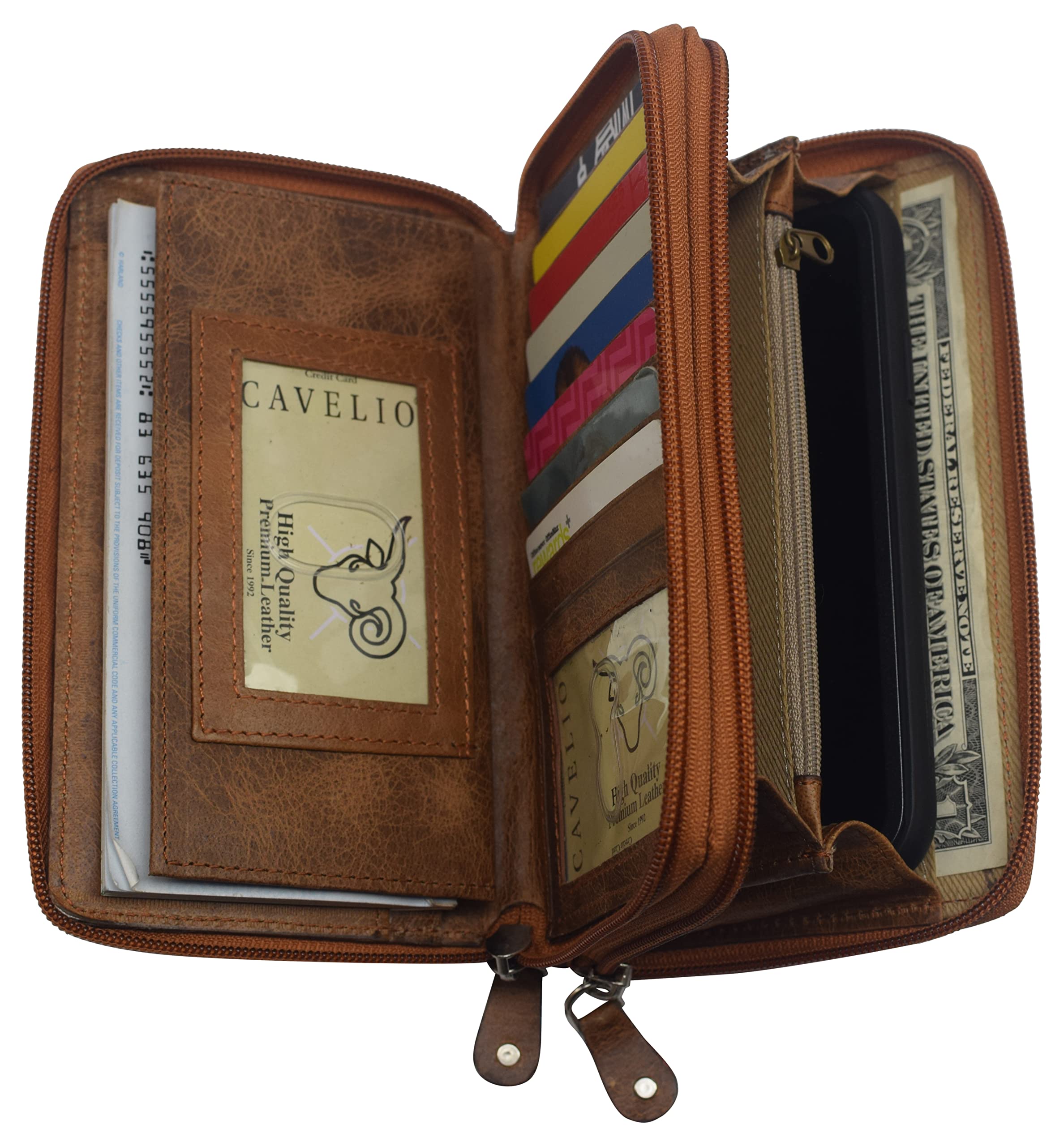 Cavelio Leather Wallets for Women RFID Blocking Double Zip Around Credit Card Holder Phone Clutch (Tan)
