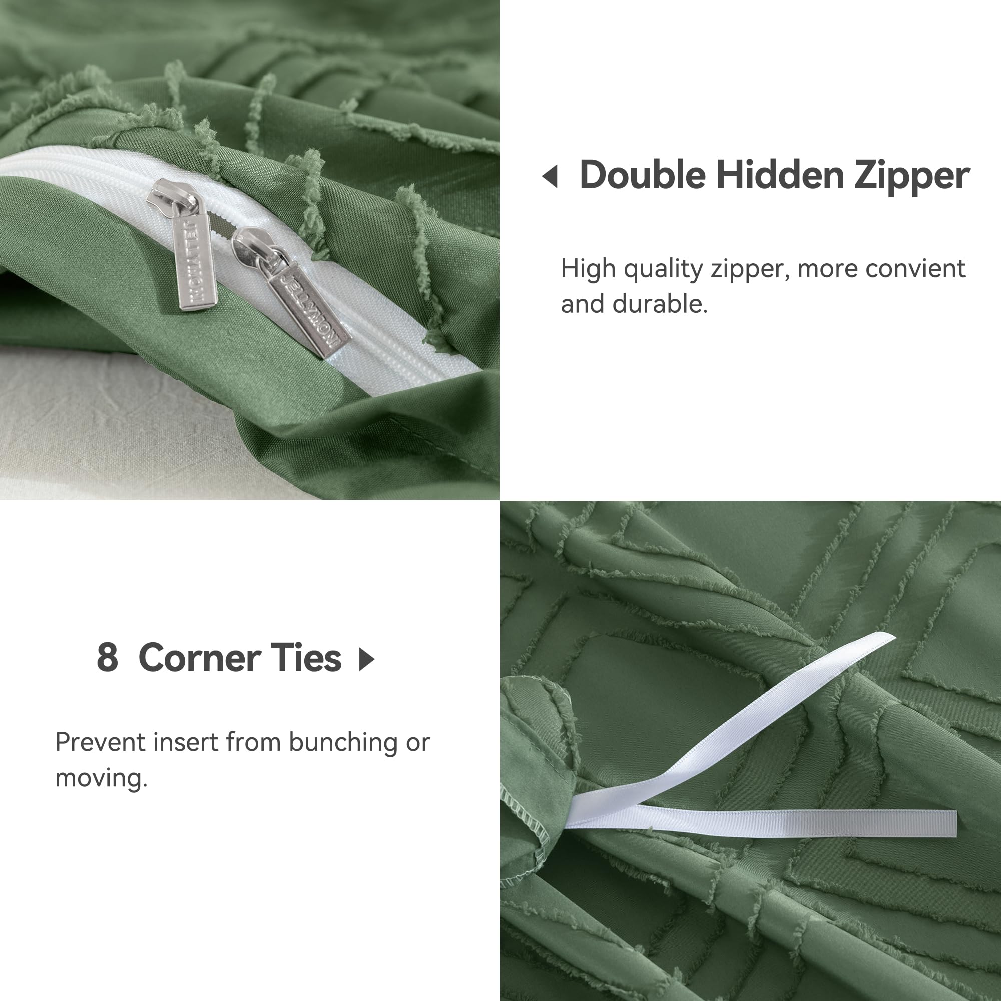 JELLYMONI Green Duvet Cover King Size - Microfiber Tufted Duvet Cover Set, Boho Textured Jacquard Rhombus Geometric Pattern Duvet Cover with Corner Ties & Zipper Closure