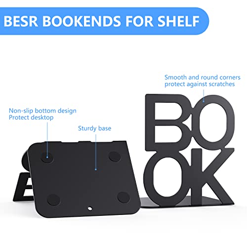 Book Ends - Decorative Metal Book Ends Supports for Bookrack Desk (Black Book Ends 4 Pack)