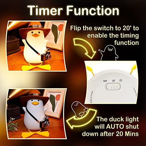 Hinittey Cute Cowboy Duck Lamp, Silicone Duck Light with Cowboy Hat & Mini Camera & USB Rechargeable & Touch Control Dimmable & Timer for Nursery, Birthday Xmas Baptism Gifts for Babys Girls Boys