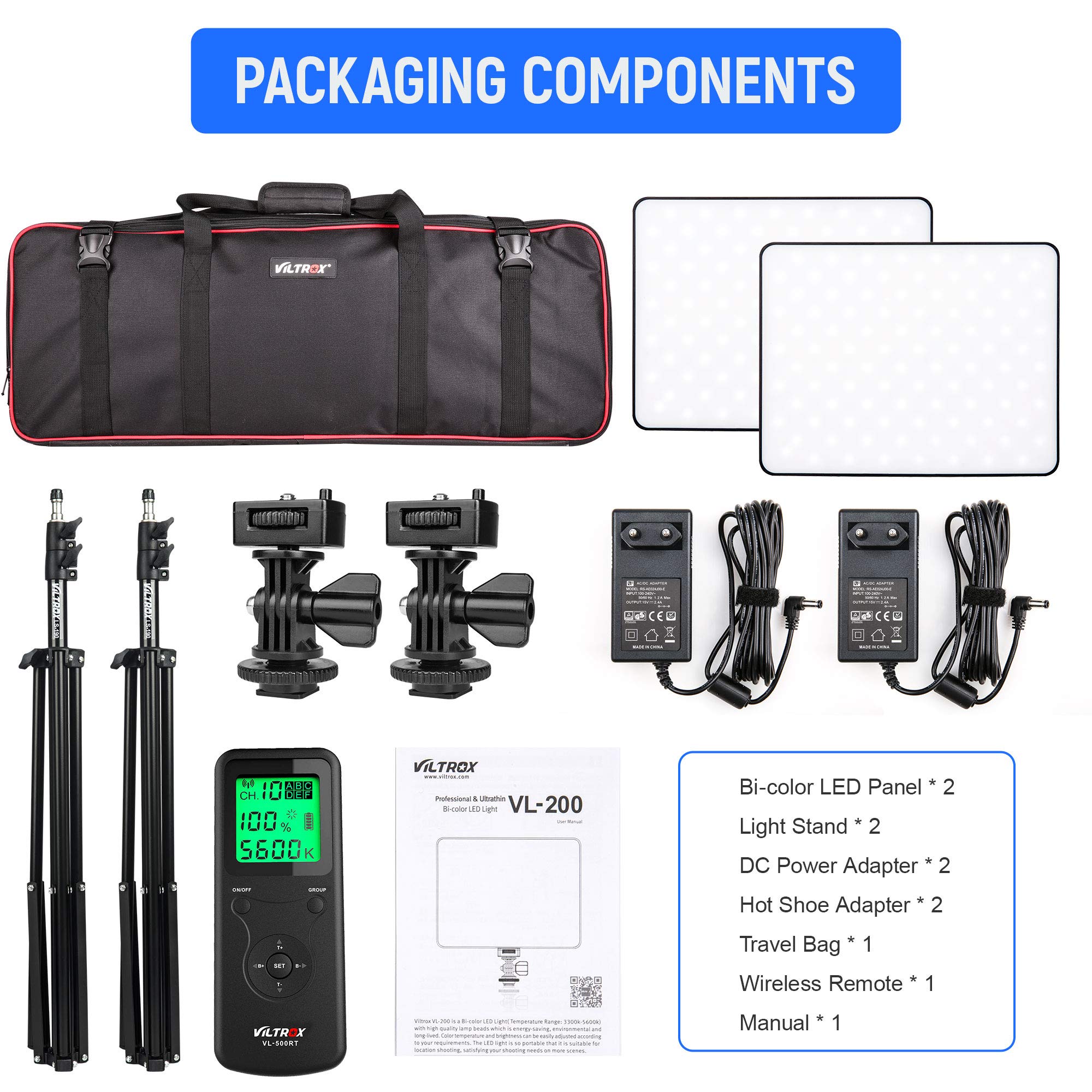 VILTROX 2 Packs LED Video Light kit with Light Stand and Wireless Remote, 30W/2450Lux Dimmable 3300K-5600K LED Panel Lights CRI 95+ for Photography Video Portrait Conference Vlog Streaming(VL-200T)