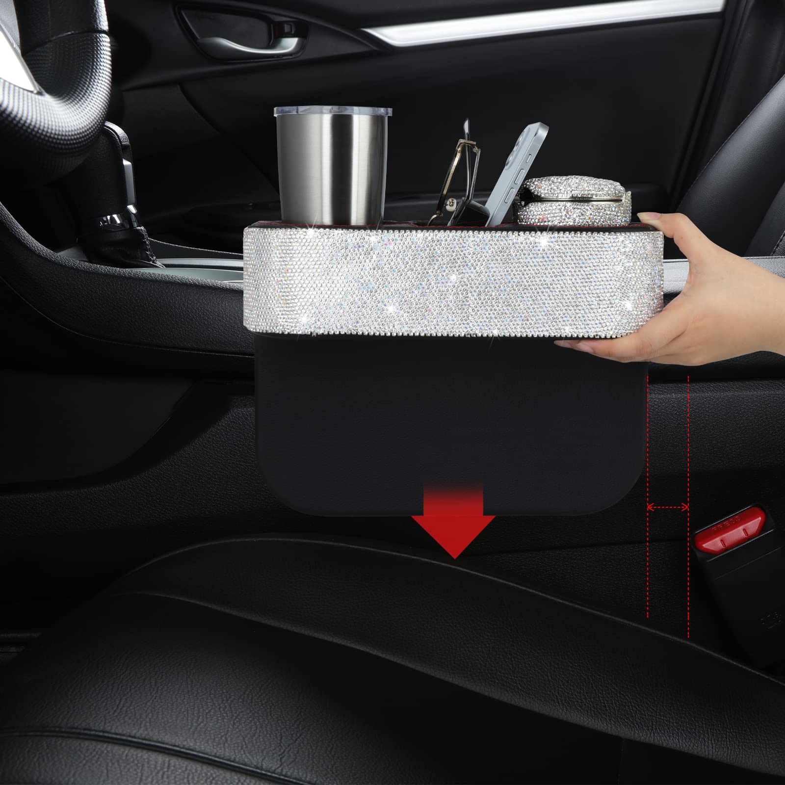 Drink Holder Console Side Pocket,Auto Front Seat Organizer Car Console and Seat Gap Cup/Mobile Phone Holder Storage Box,Large Capacity with 3 Cup Holders,1 - Pack