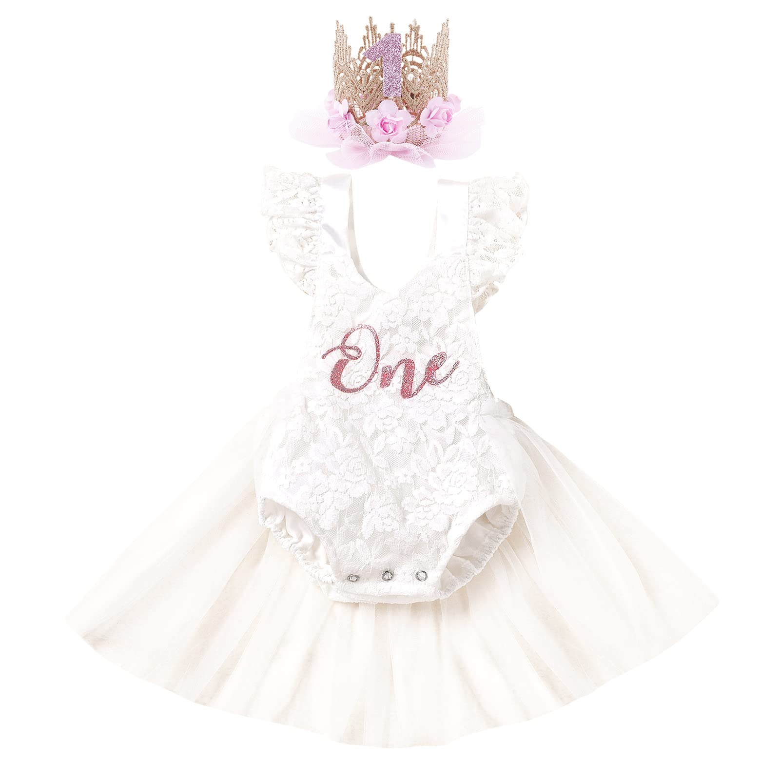Baby Girl First Birthday Outfit Ruffle Short Sleeve Floral Lace Romper Tulle Dress Backless Jumpsuit Lace Romper Tutu Dress+ Baby Flower Crown Cake Smash Party Outfits Photo Shoot White 12-18 Months