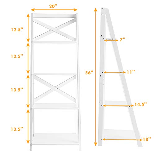 Tangkula 4-Tier Ladder Shelf Bookcase Leaning Free Standing Wooden Frame Decor Bookshelf Storage Flower Shelf Plant Display Shelf for Home Office (White, 2)