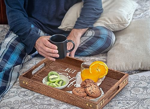 But First Coffee - Rectangle Wooden Coffee Serving Tray with Handles, Funny Rustic Farmhouse Foods Tray Coffee Table Tray Home Kitchen Decorative for Coffee Lovers Gifts
