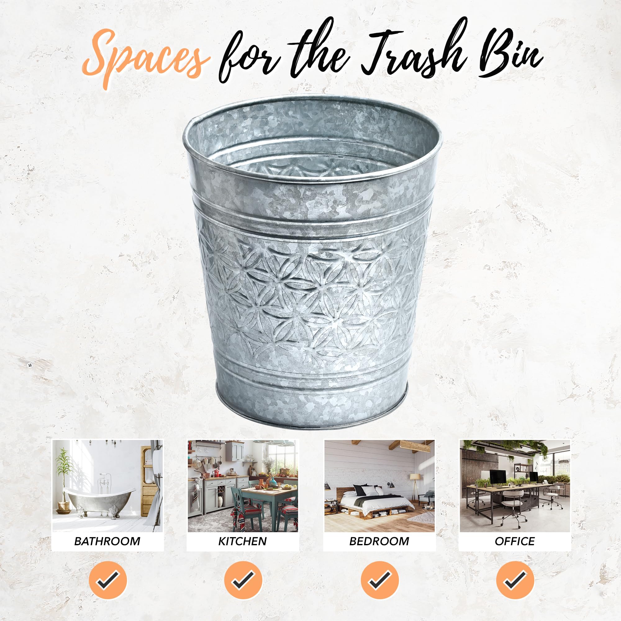 Autumn Alley Farmhouse Bathroom Trash Can, Garbage Can, Round Open Top Garbage Basket Bin for Home Office Rustic Trash Can Cute Decorative Wastebasket, Rustic Bathroom Decor, Galvanized