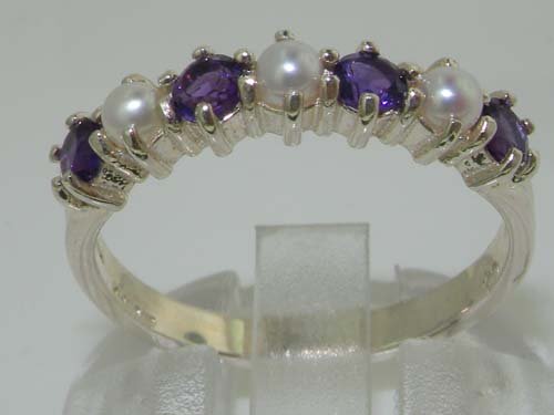 925 Sterling Silver Cultured Pearl & Amethyst Womens Anniversary Ring - Size 8