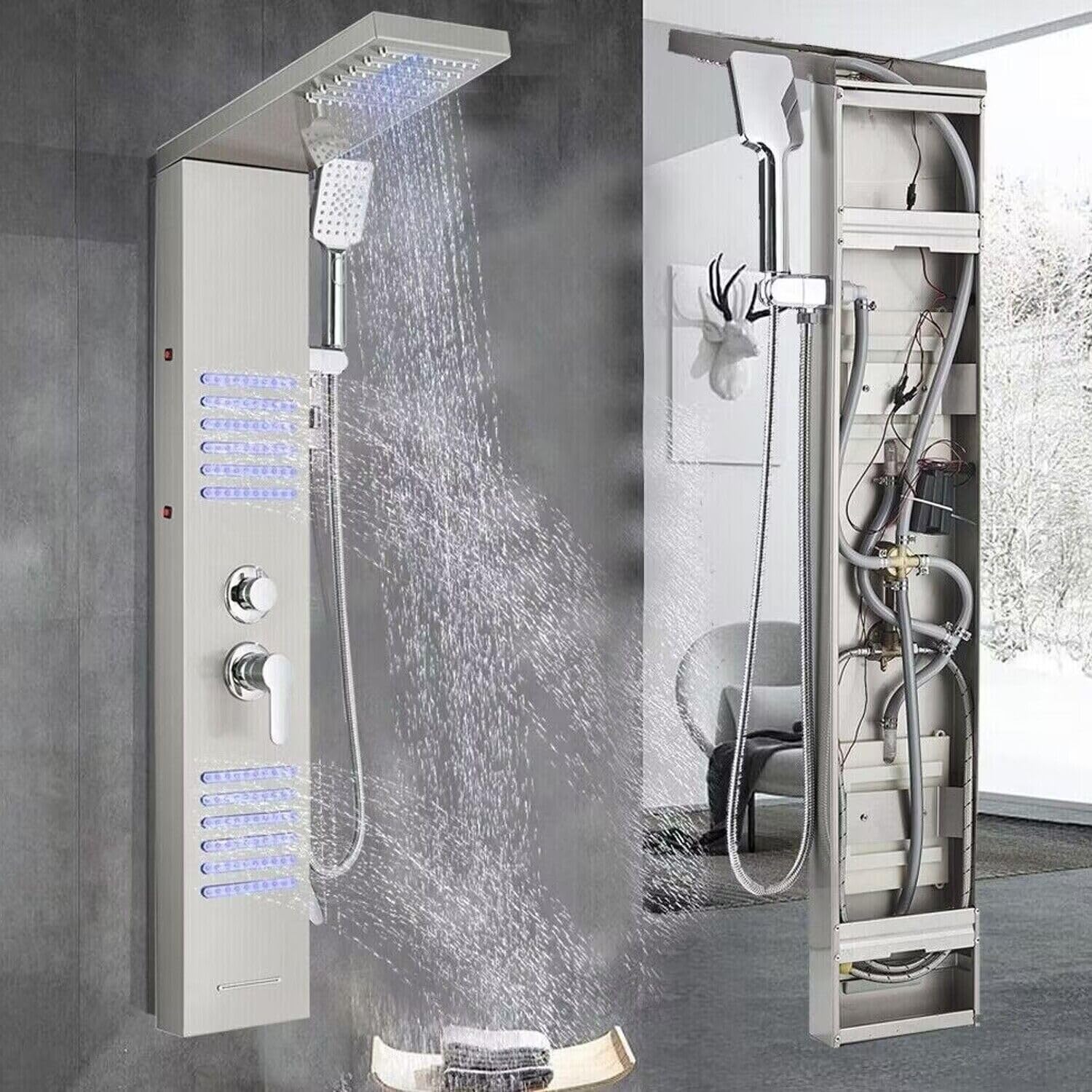 AlenArt Shower Panel Tower System LED Multi-Function Shower Tower Faucet Rainfall Waterfall Shower Head with Massage Jets Stainless Steel Wall Mount in Bathroom,Brushed Nickel