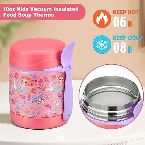 Bento Lunch Box Set With 10oz Soup Thermo, Leak-proof Lunch Containers with 4 Compartment, Kids Hot Thermo Food Jar/Insulation Lunch Bag, Food Containers for School(Mermaid)
