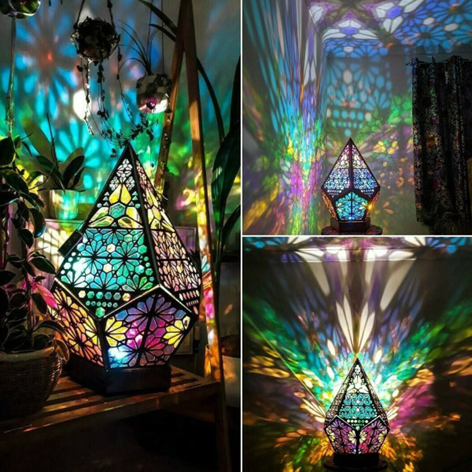 Algado Wooden Bohemian Floor Lamp, Bohemian Hollow Geometric Retro Floor Decorative Lamp USB Colorful Diamond Bohemian Lights, Decorative Floor Lamp 3D Projection Night Lamp Desk Lamp Home Decor