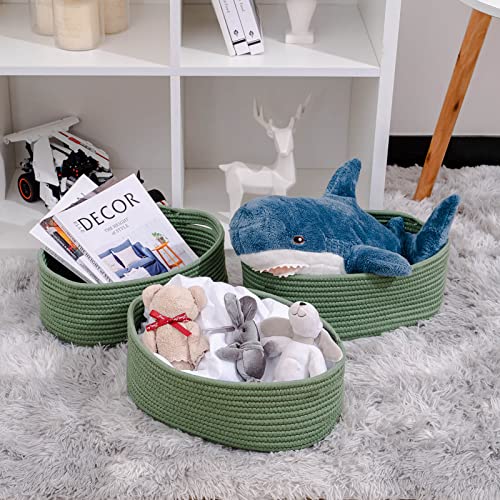 Kriitools Shelf Storage Baskets for Organizing|Decorative Basket for Closet Storage|Toy Baskets&Bins|Small Woven Rope Baskets-13x8.66x5.11’’,Durable&Stylish,Oval 3 Packs Green