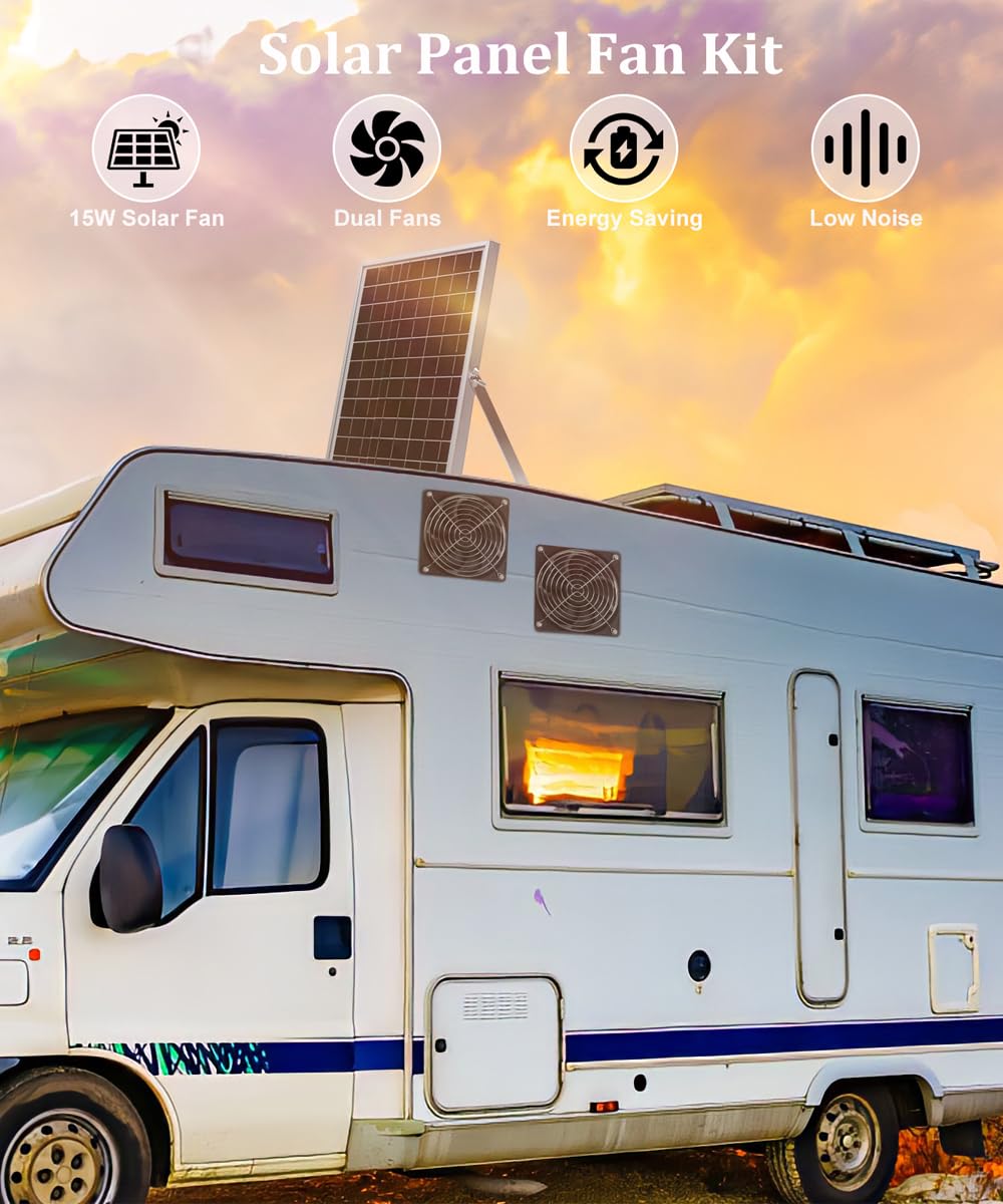 Aeecruny Solar Powered Fan Kit, Upgrade 15W Solar Panel Fan for Campervan, Greenhouse, Solar Exhaust Fan for Shed, Pet Houses