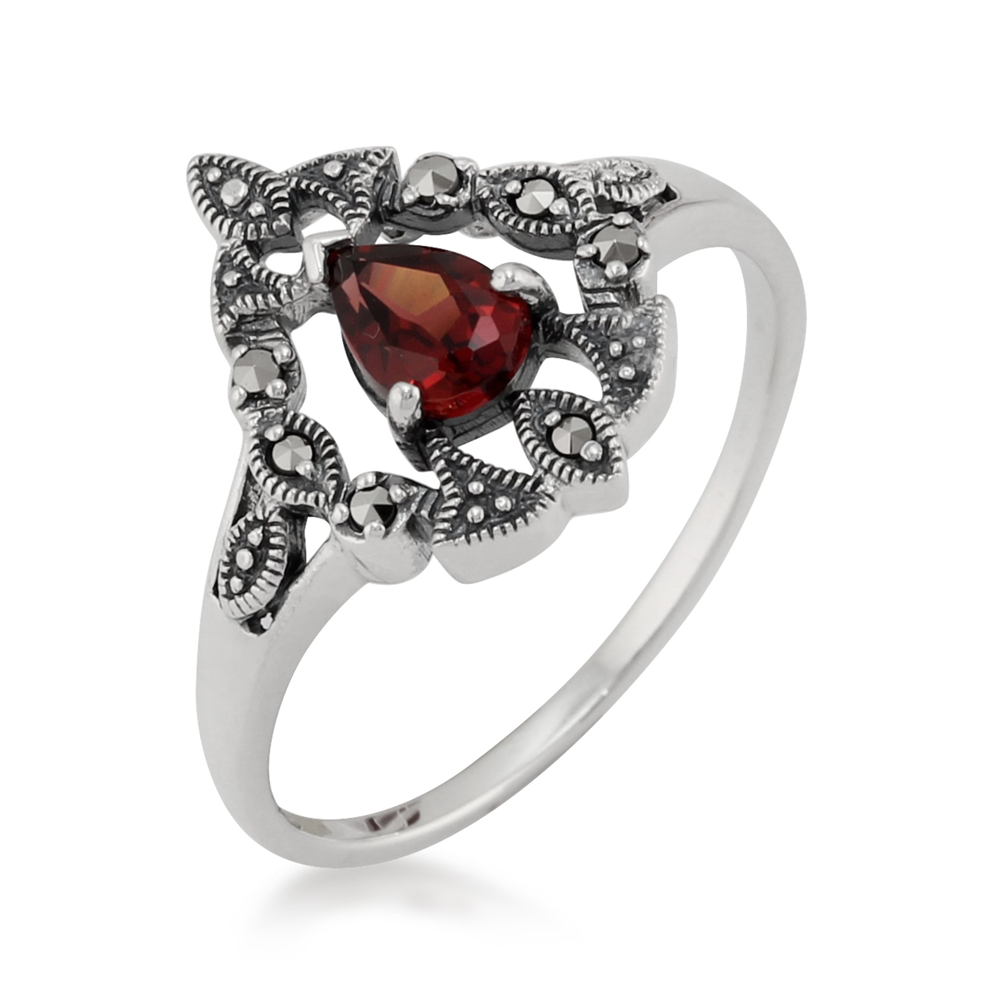 925 Sterling Silver Victorian Mozambique Garnet & Marcasite Ring