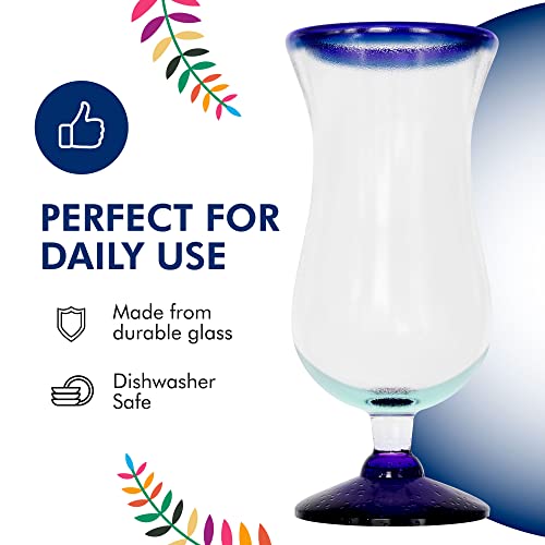 Amici Home Blue Rim Hurricane Glass | Set of 4 | Authentic Mexican Handmade Glassware | Bar Glasses for Pina Coladas, Cocktails, and Other Beverages | 16 Oz