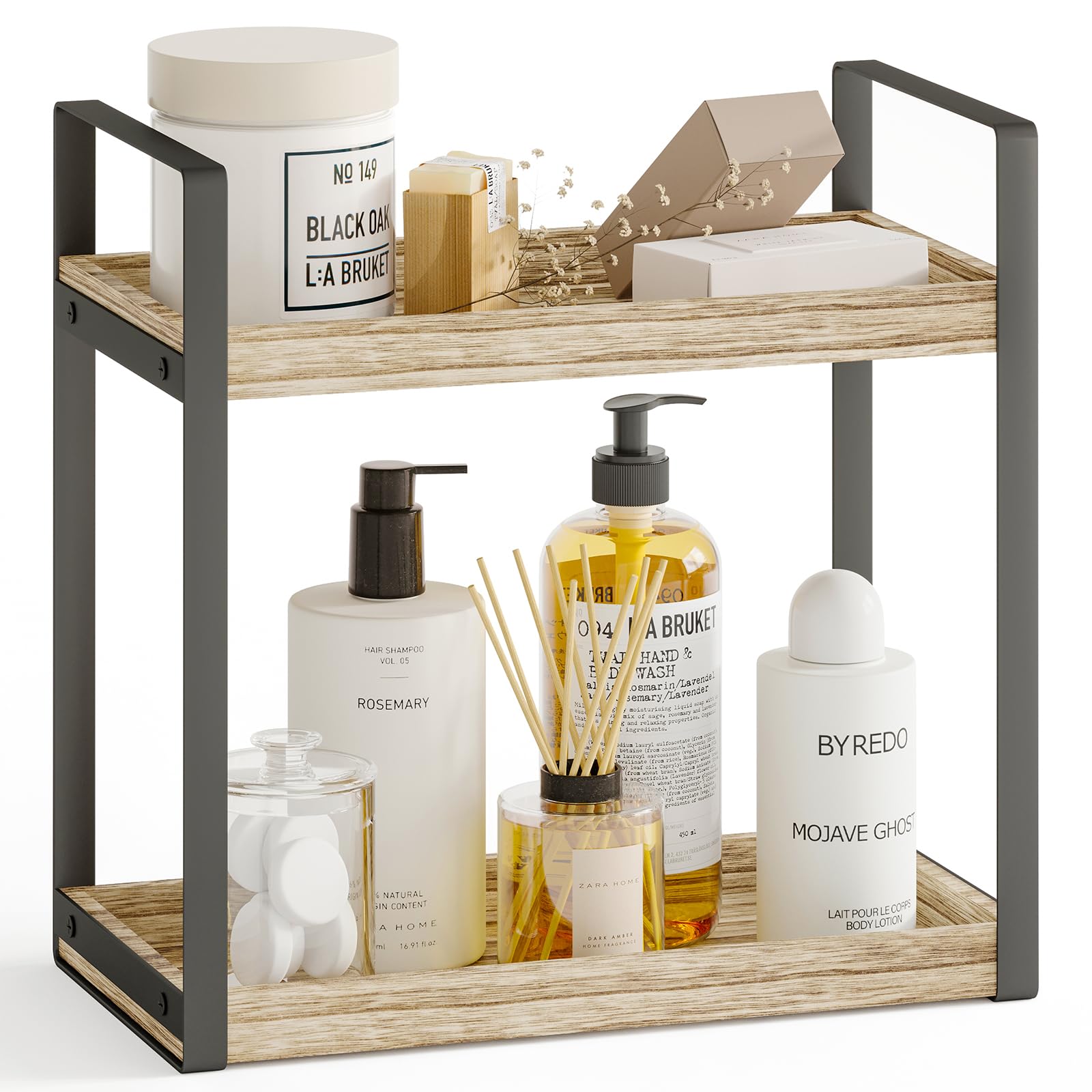 Fixwal Countertop Organizer for Bathroom, 2-Tier Wood Bathroom Counter Organizers Shelf Cosmetic Storage Standing Vanity Tray Kitchen Spice Rack, Light Brown