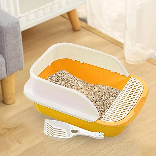 ＫＬＫＣＭＳ Cat Litter Box with Scooper Detachable Tall Cat Litter Box with Frame Cat Litter Pan Kitten Litter Pan Kitty Litter Tray Kitty Litter Pan, Yellow, Large