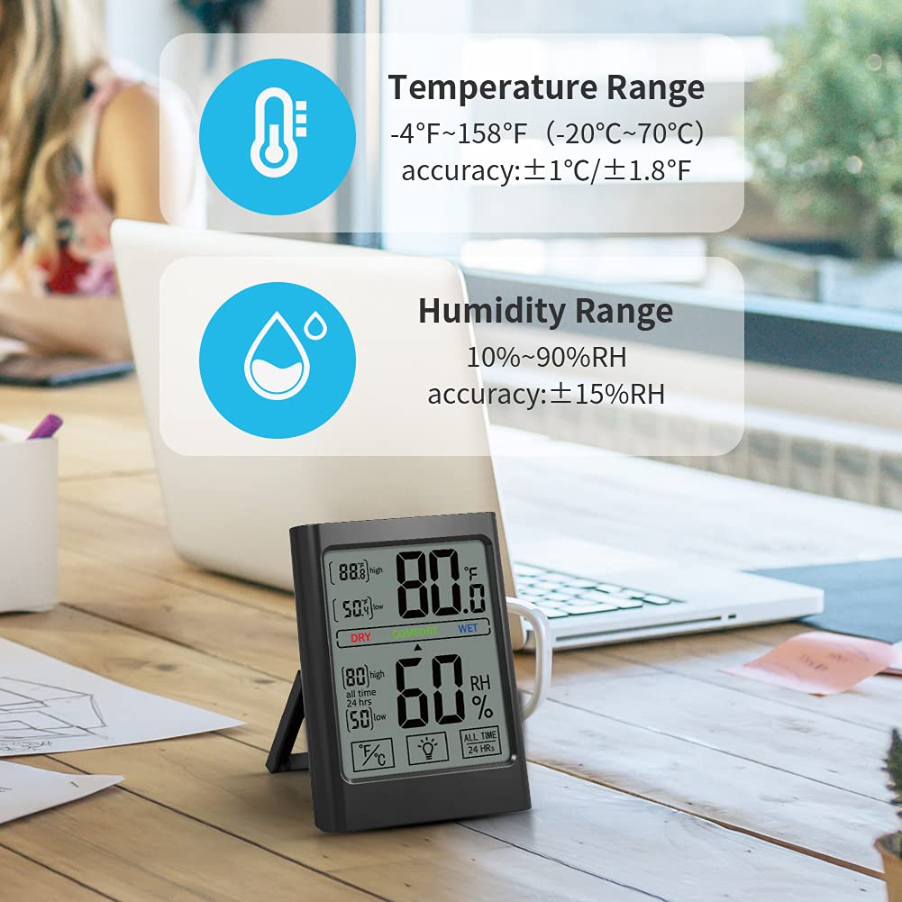 Digital Hygrometer Indoor Thermometer Humidity Meter Room Thermometer with Temperature and Humidity Monitor (Black)