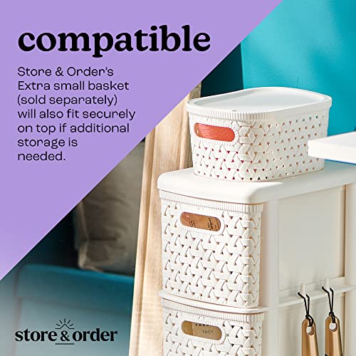 Store & Order Slimline 3 Drawer Tower - Slim & Narrow Plastic Drawers, Perfect Storage Unit for Bathroom, Hallway, Office, Wardrobe or Utility Room, White Rattan Design