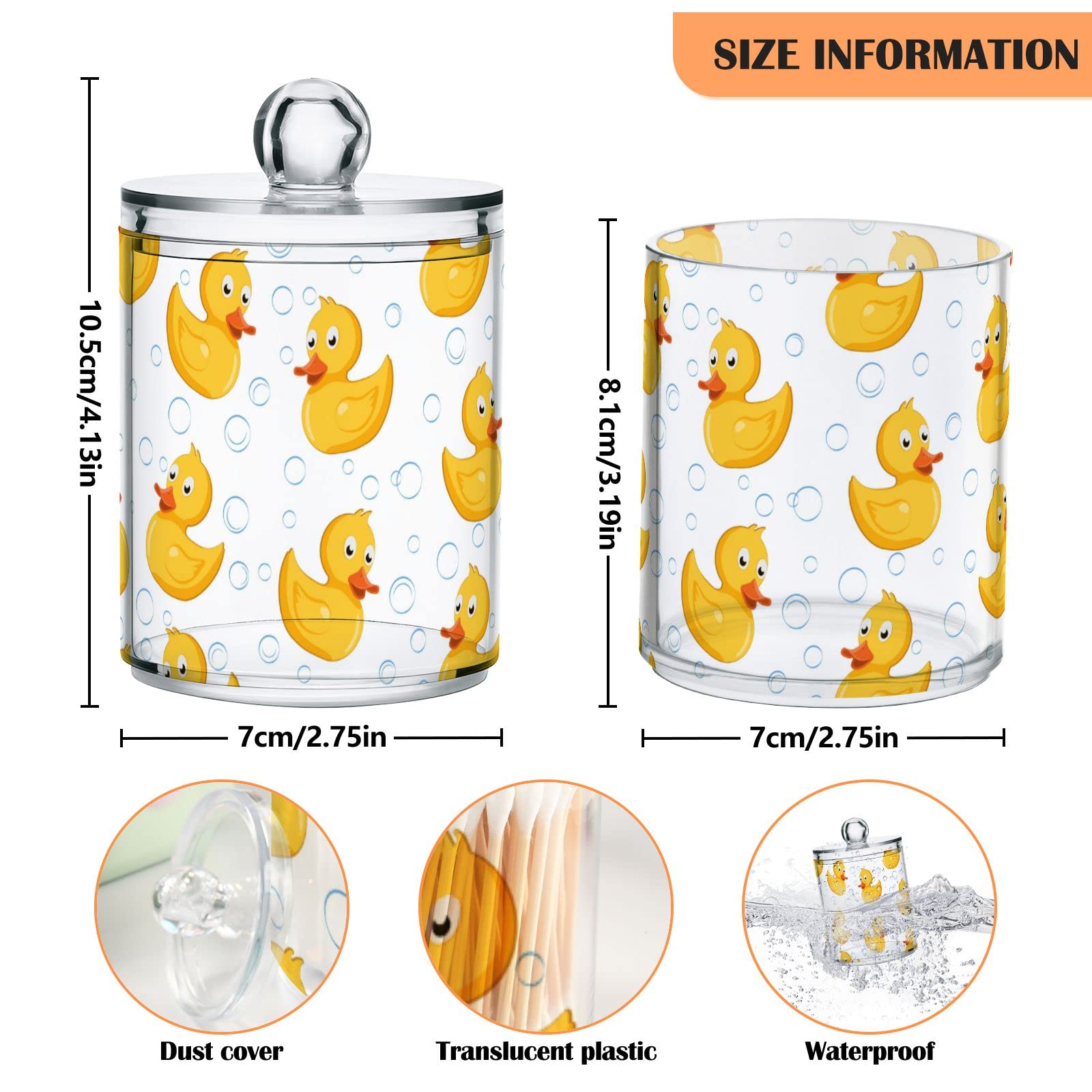 DOMIKING Rubber Duck 2 Pack Cotton Swab Holder Dispensers Plastic Jar Bathroom Storage Canister Acrylic Containers for Floss Makeup Sponges Cotton Ball