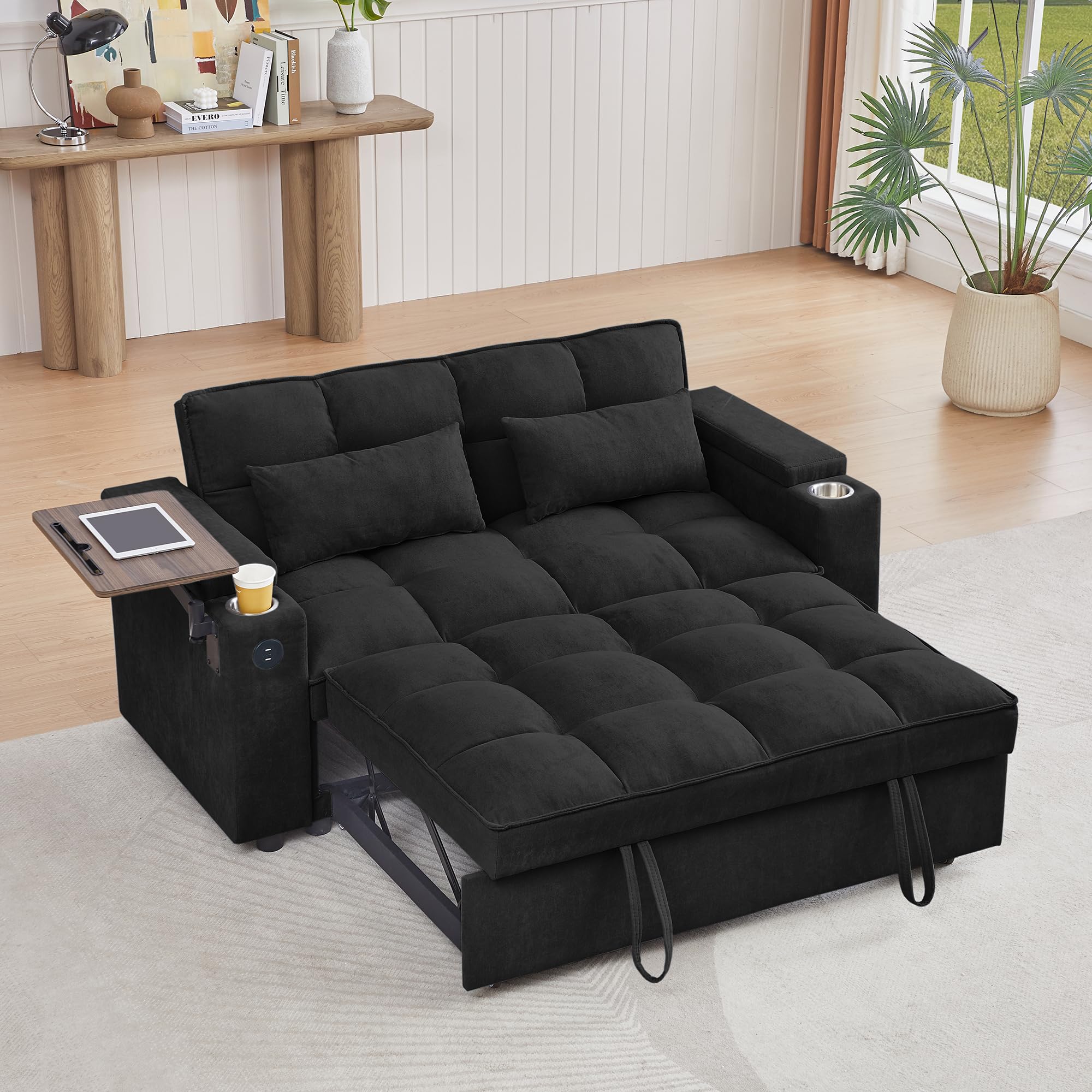 Auvsoce 65'' Convertible Queen Size Sleeper Sofa Bed.Modern Chenille Fabric Sofa with Pull Out Bed and 360 Degree rotatable Side Table for Living Room,RV, Trailer, Basement, Big Horn (Black)