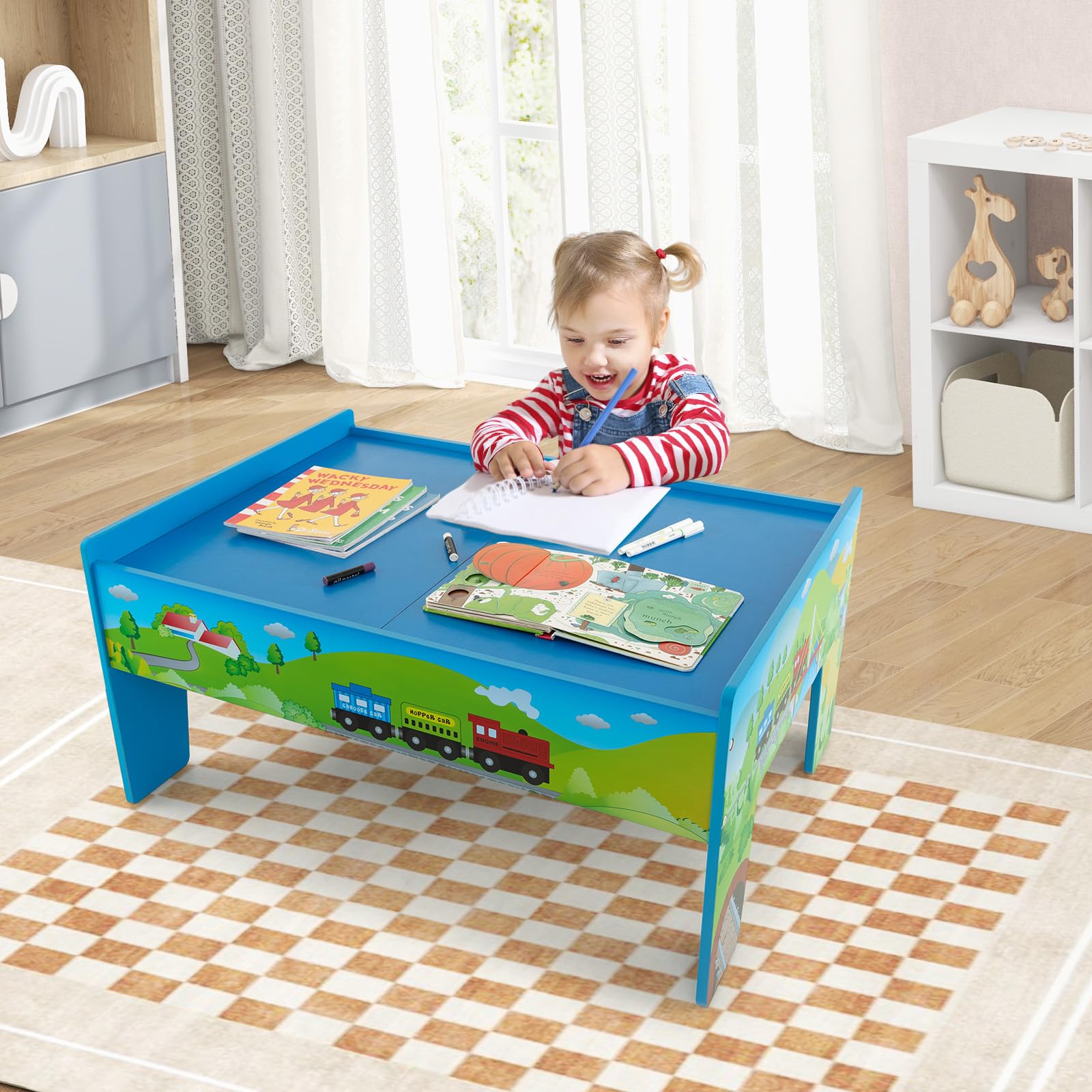 Costzon Train Table with 100 Multicolor Pieces, Wooden Kids Activity Table with Large Rolling Storage Drawer, Tracks, Cars, DIY Design, Train Set Table for Toddlers 3+, Gift for Boys Girls