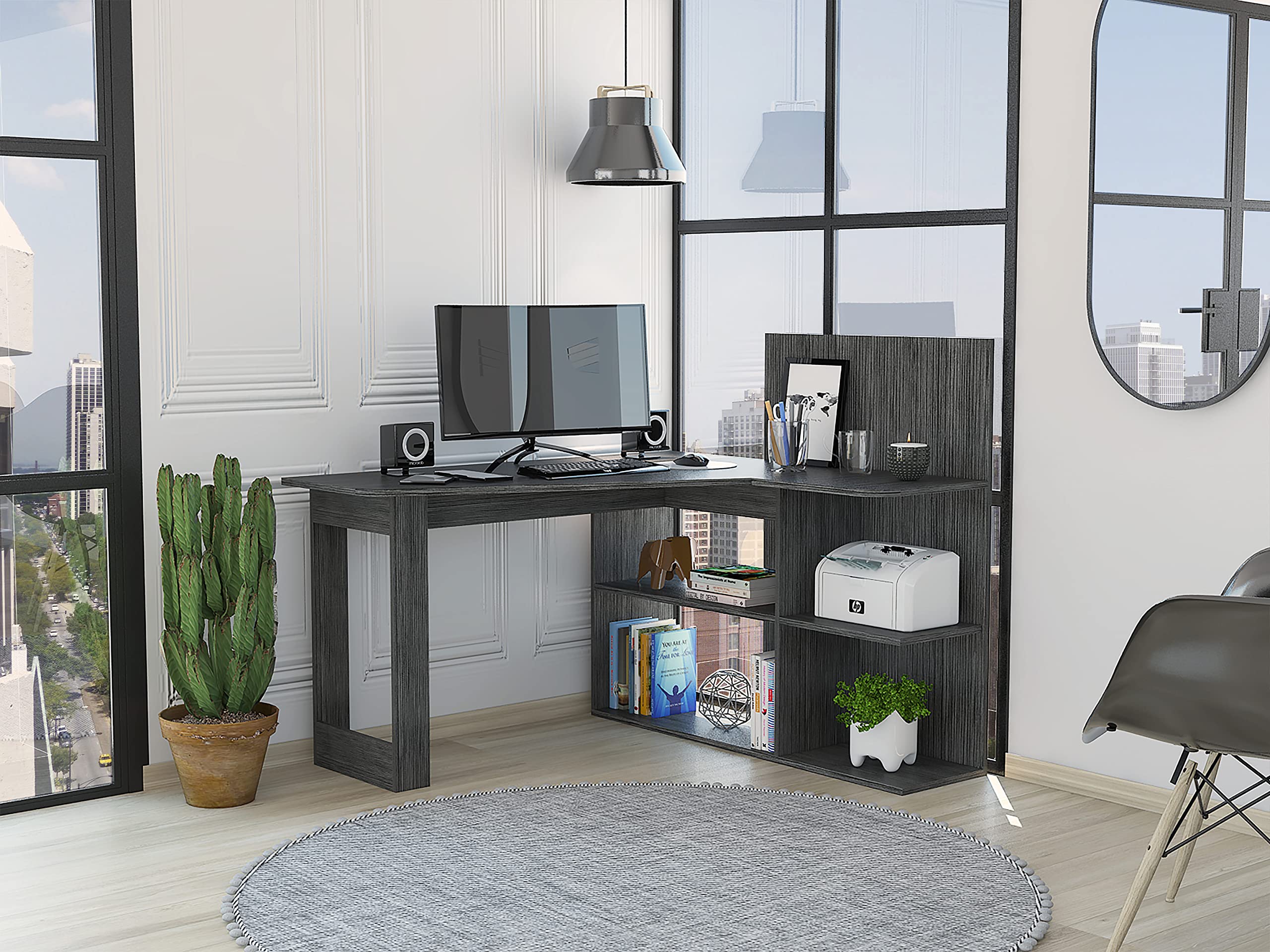 Anwickmak 51.7'' L Shaped Desk with Side Shelves, Computer Desk Corner Gaming Desk with 4-Shelf and Baffle for Home Office Gaming Writing Workstation Easy to Assemble(Gray)