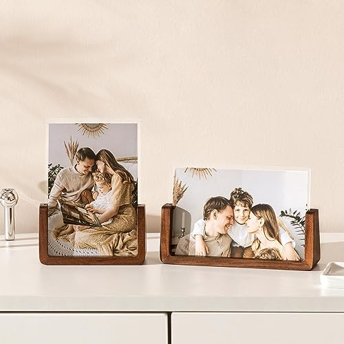 eletecpro Picture Frame 2 Pack, 4X6 Brown Picture Frames with Walnut Wood Base and High Definition Break Free Acrylic Glass Covers for Tabletop or Desktop Display, Horizontal & Vertical