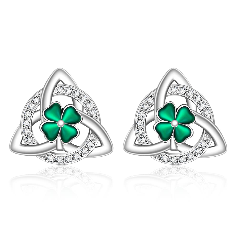 Celtic Knot Green Shamrock Earrings for Women Studs Four Leaf Clover St Patricks Day Earrings Triangle Jewelry Birthday Irish Birthday Gifts Sterling Silver